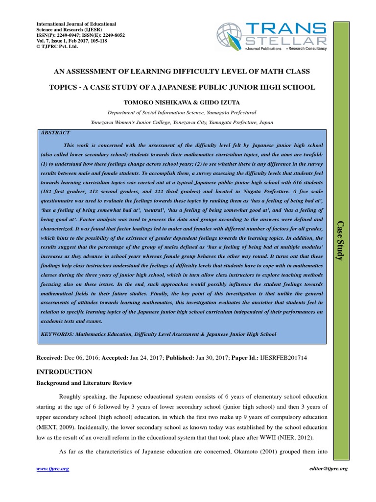 An Assessment of Learning Difficulty Level of Math Class Topics - A ...