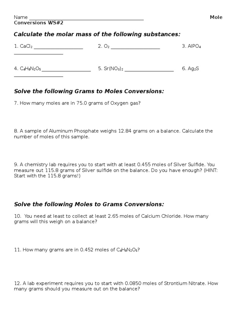 Mole Conversions Worksheet | PDF | Science & Mathematics