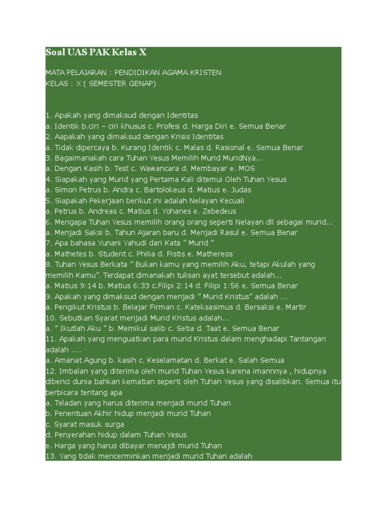 Soal UAS PAK Kelas X | PDF