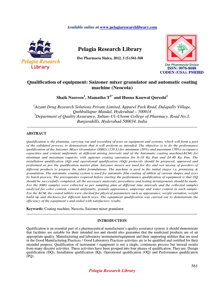 Qualification of Equipment Saizoner Mixer Granulator and Automatic ...