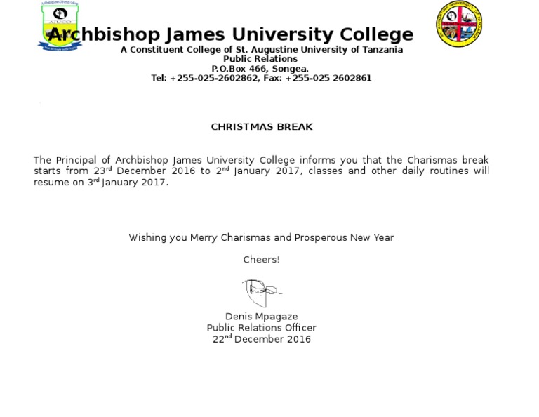 Archbishop James University College: Christmas Break | PDF