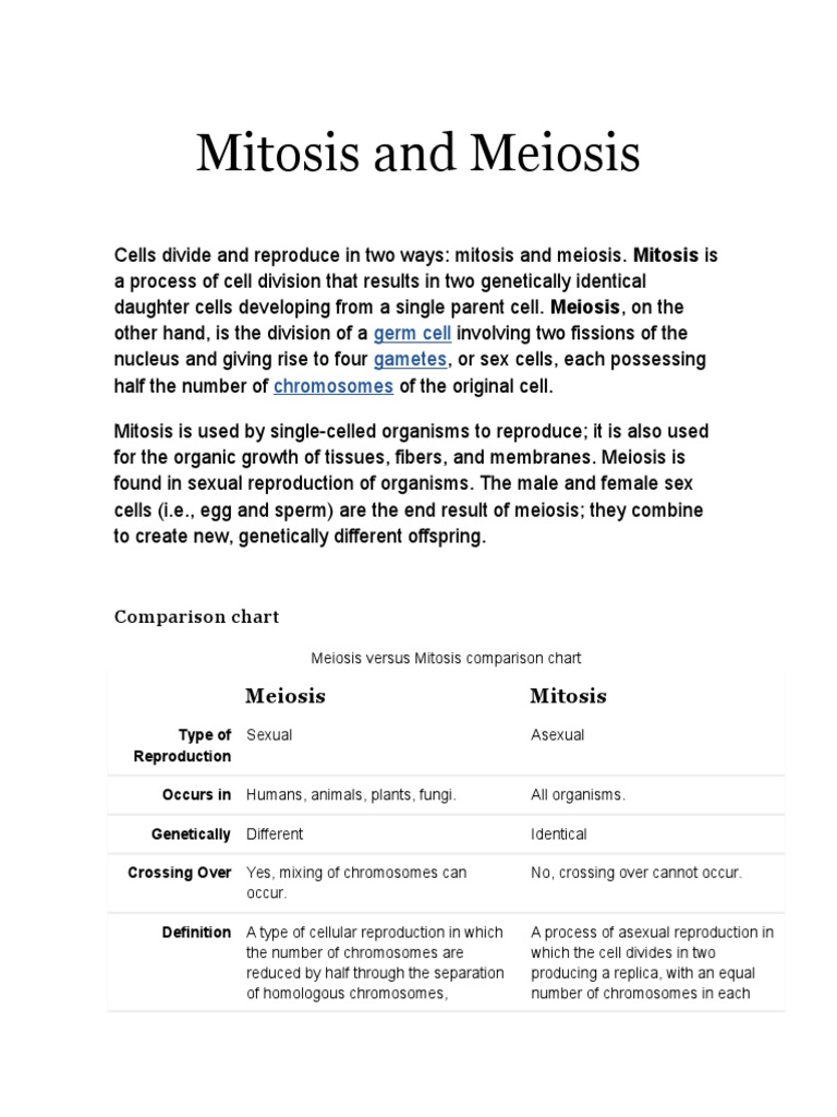 Mitosis Vs Meiosis | PDF | Meiosis | Mitosis