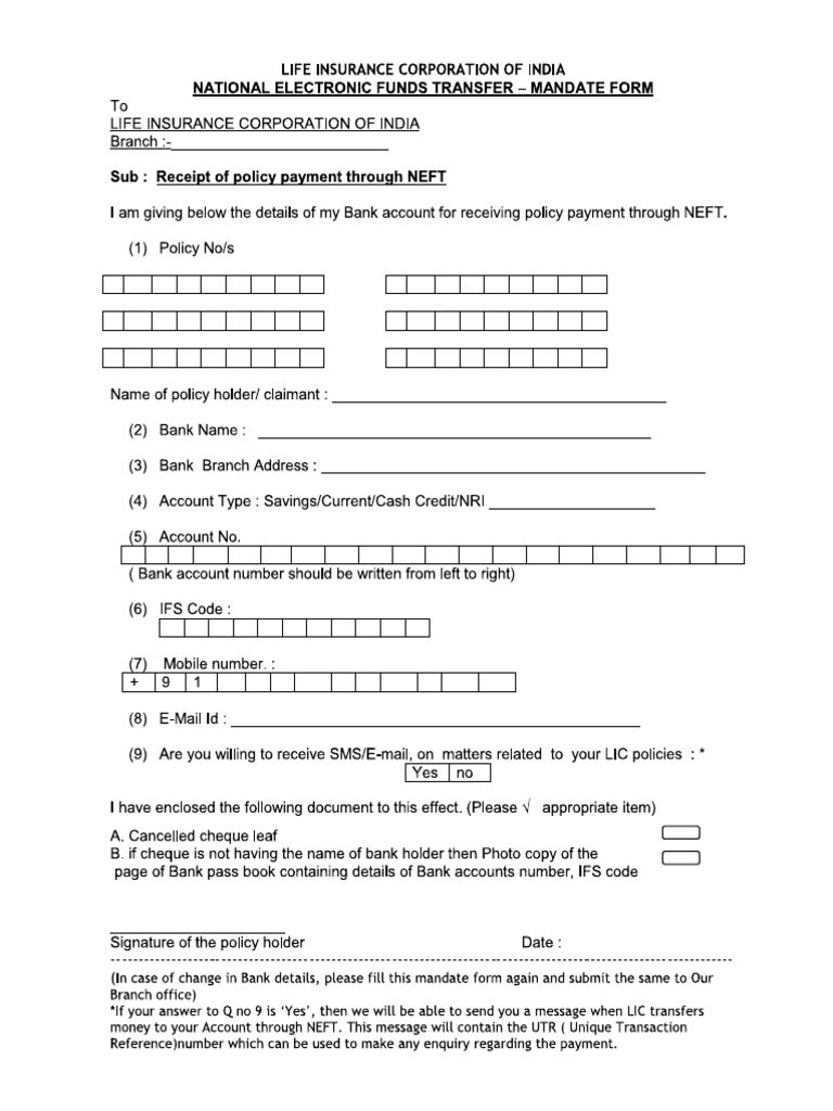 NEFT Mandate Form For Your LIC Policies PDF | PDF
