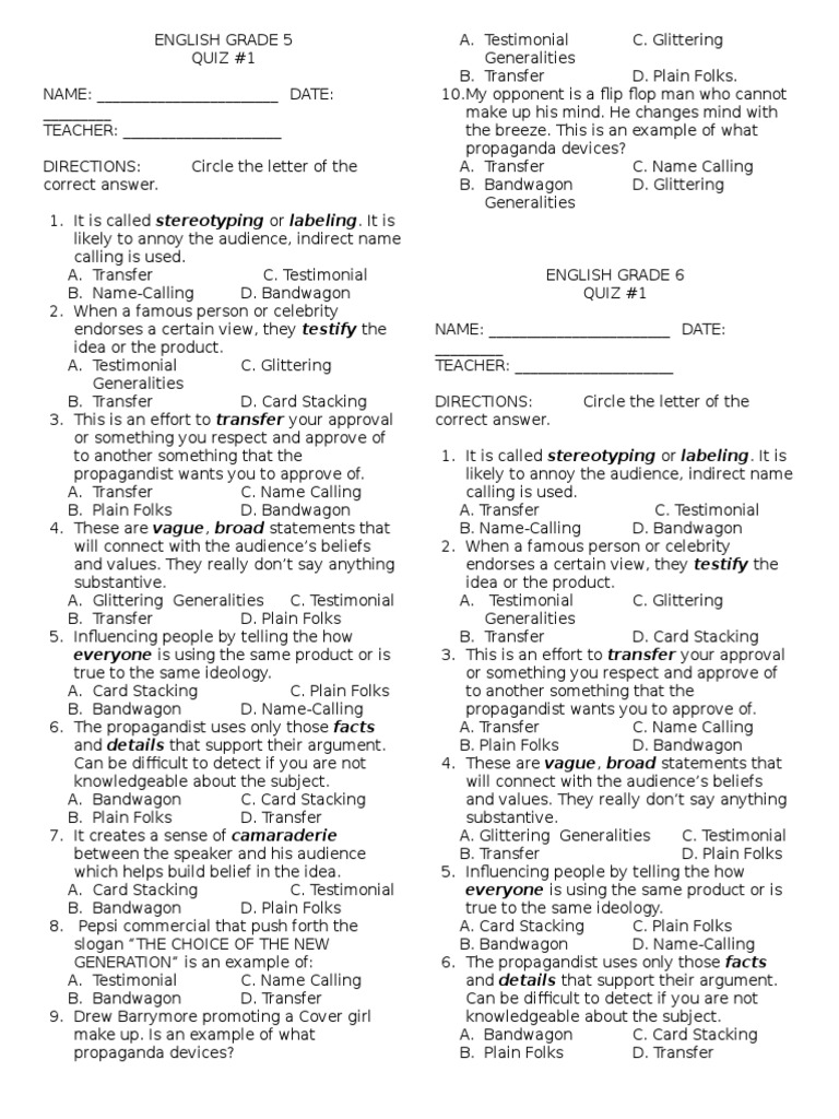 Grade 5 and 6 Quiz Propaganda Devices | Propaganda | Propositional ...