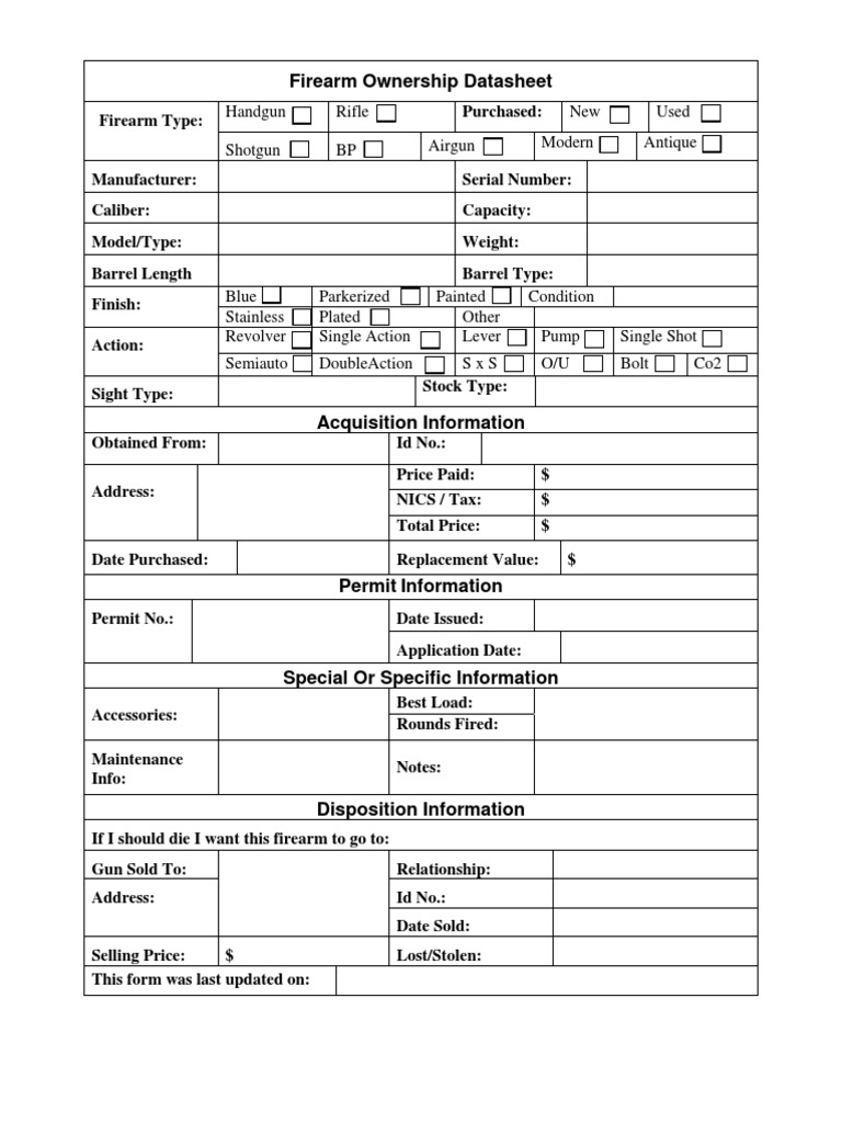 Firearm Fill in Data Sheet | PDF