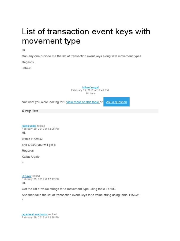 List of Transaction Event Keys and Associated Movement Types from SAP ...