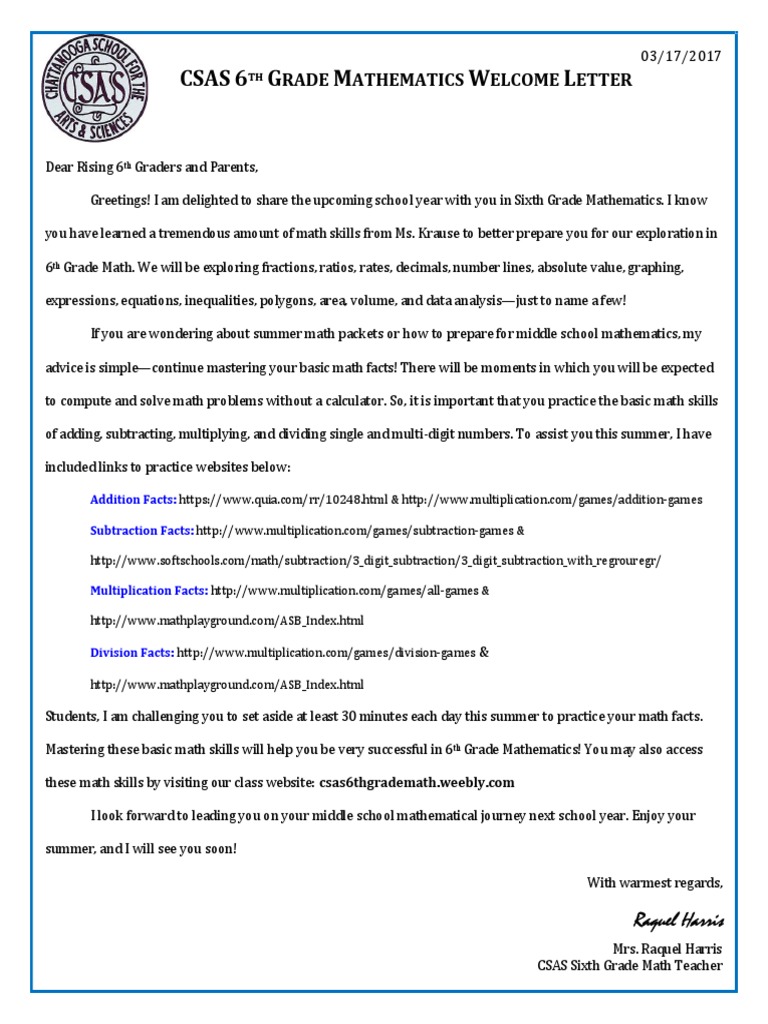 2017 - 2018 csas 6th grade math welcome letter by raquel harris
