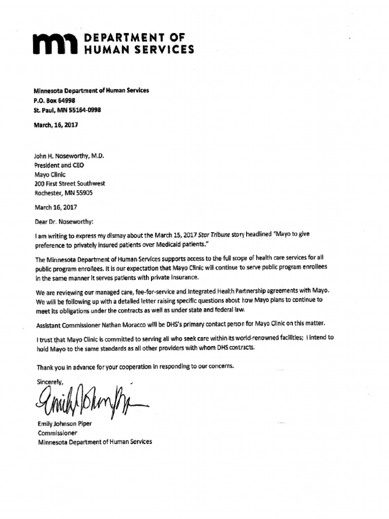 Letter from DHS Commissioner Emily Piper