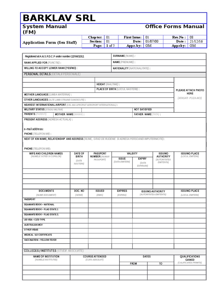 BKV Application Form (Sea Staff) Rev08 | PDF | Oil Tanker | Shipping