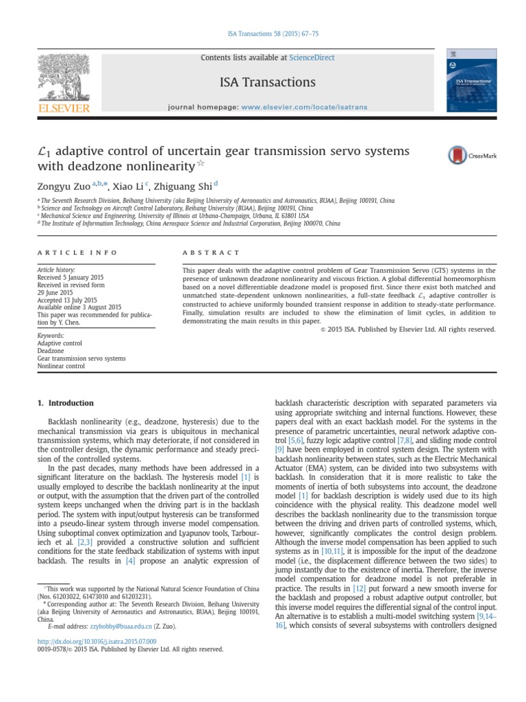 Adaptive Control of Uncertain Gear Transmission Servo Systems With Deadzone Nonlinearity | PDF ...