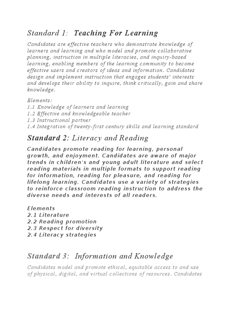Standard 1: Teaching For Learning: Standard 2: Literacy and Reading ...