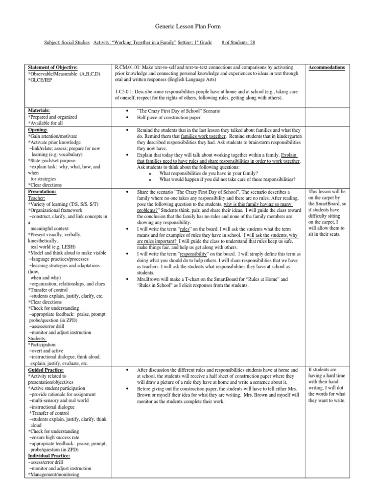 Generic Lesson Plan Form | PDF | Psychology | Cognition