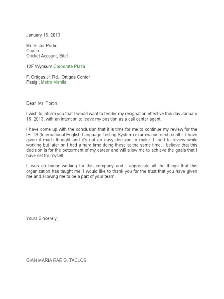 Resignation Letter from Call Center Agent | PDF | Career & Growth