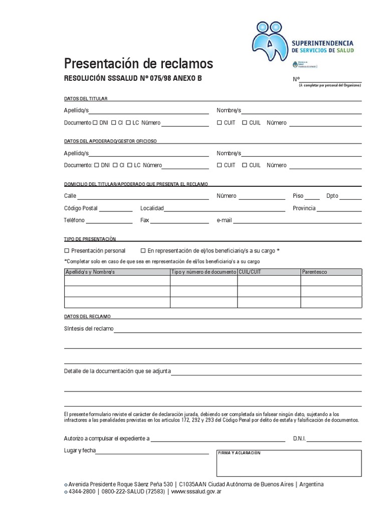 Formulario de presentación de reclamos de beneficiarios ante la Superintendencia de Servicios de ...