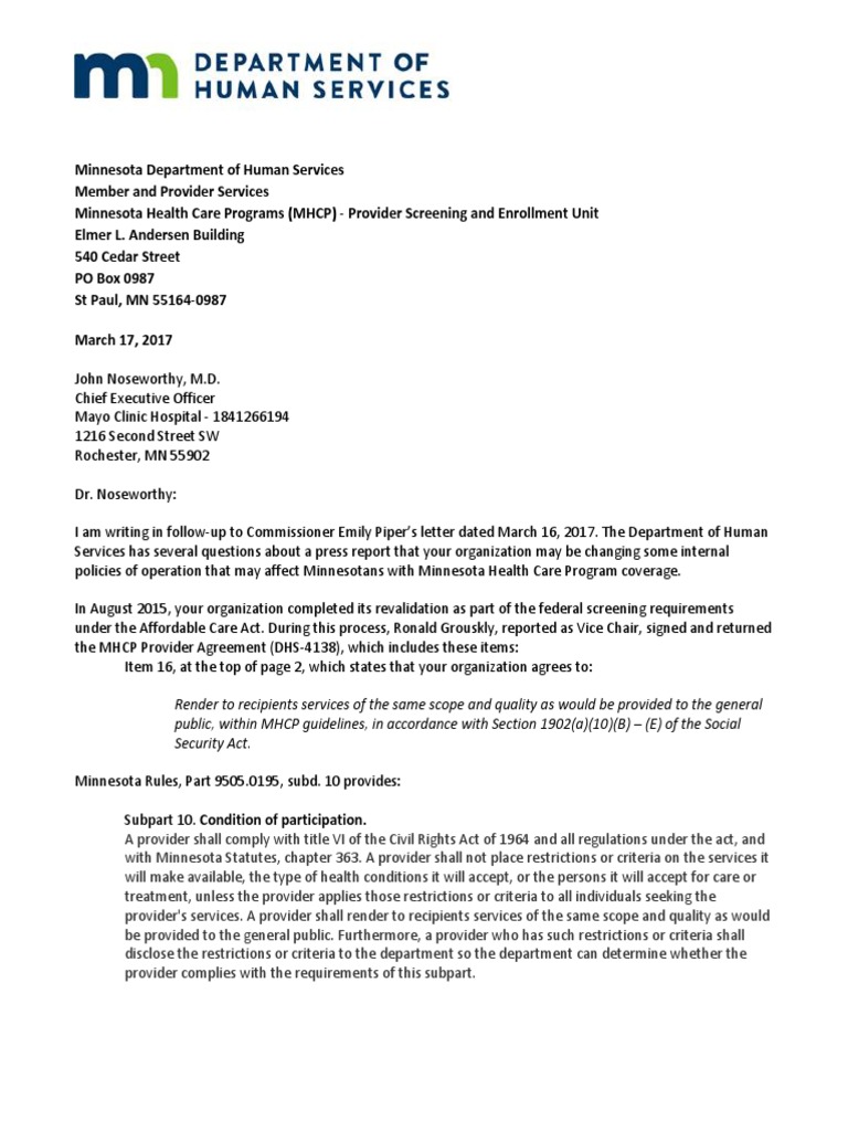 DHS letter to Mayo Clinic -- March 17, 2017 | Privacy | Health Care