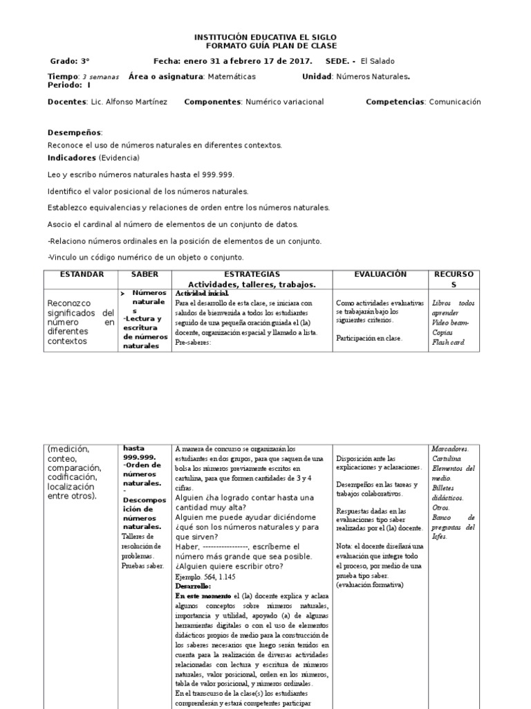 Plan De Aula Matemáticas Números Naturales Pdf