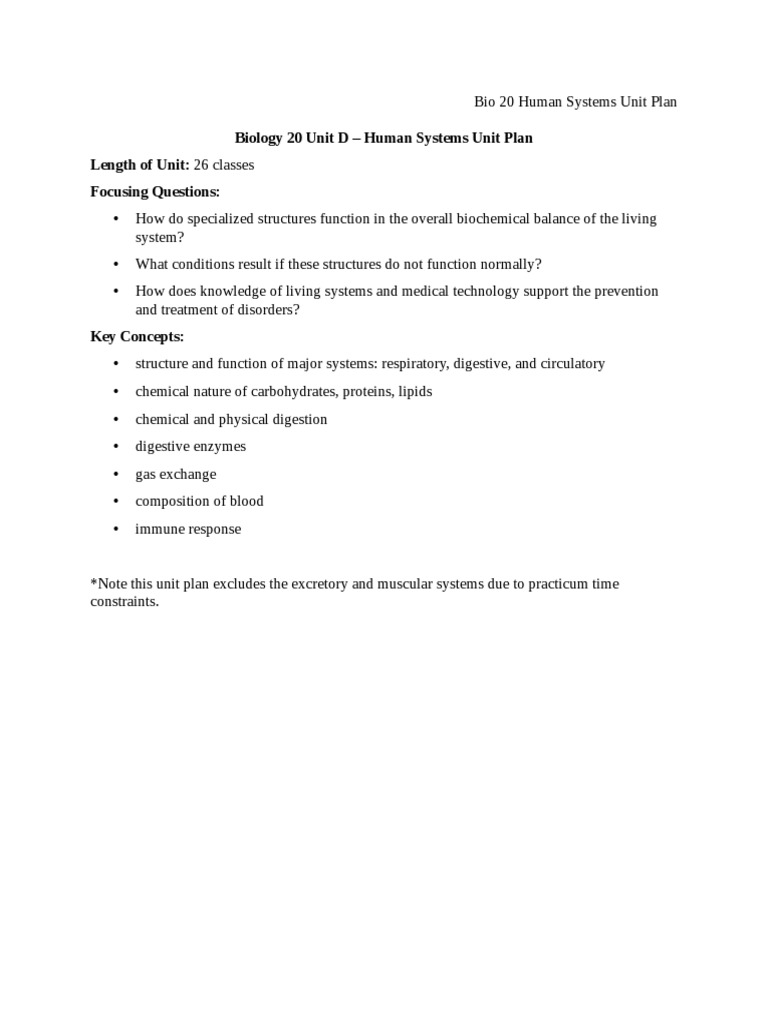 Human System Unit Plan | PDF | Circulatory System | Animal Physiology