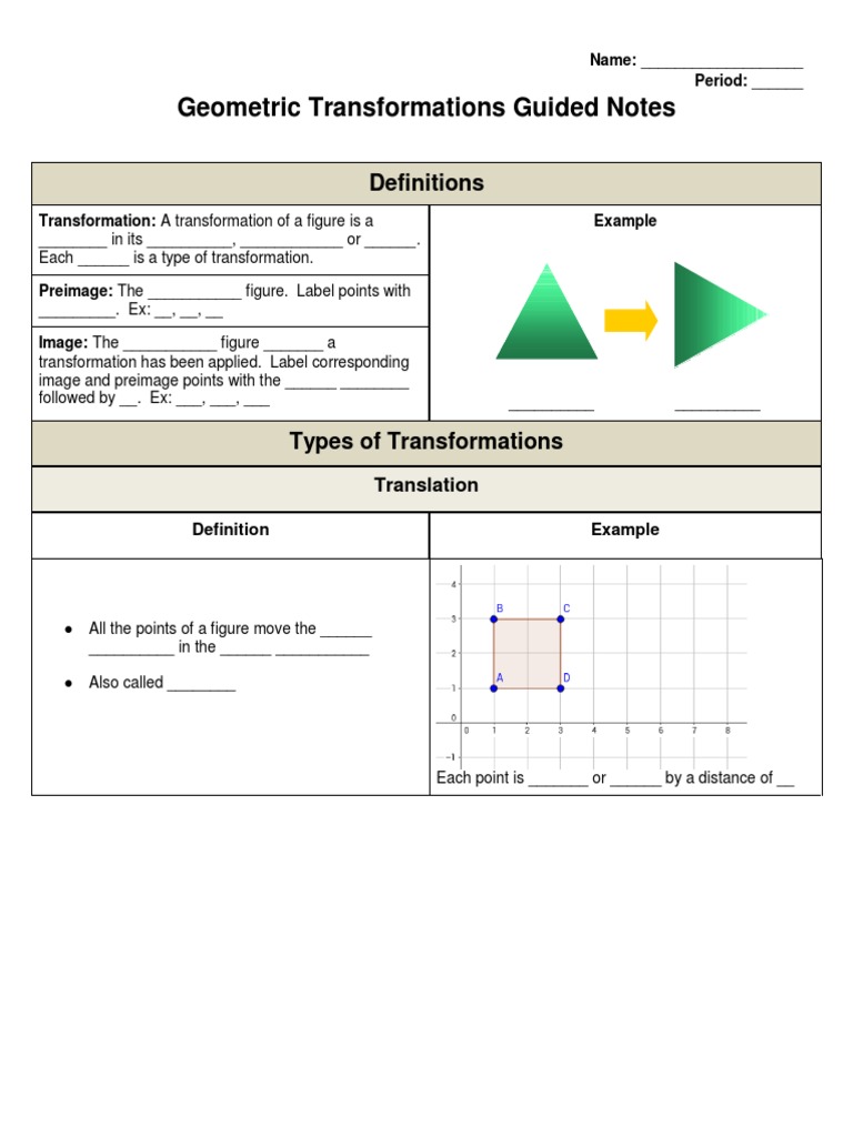 Geometric Transformations Guided Notes: Definitions | PDF | Functions ...
