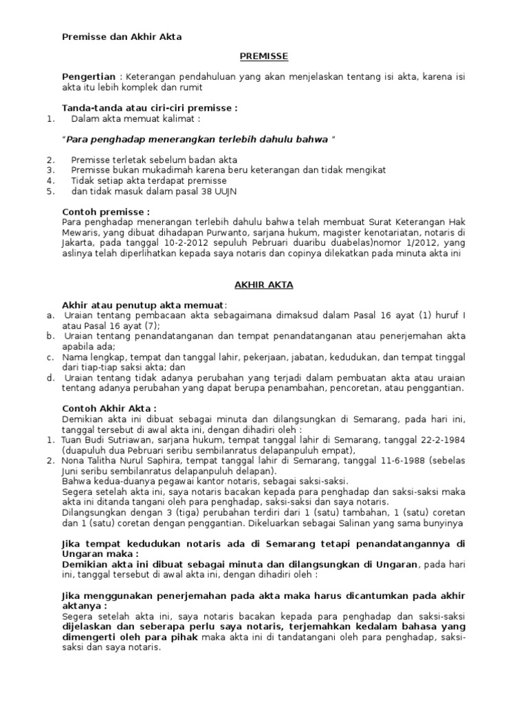 Contoh Premis dan Akhir Akta Notaris | PDF