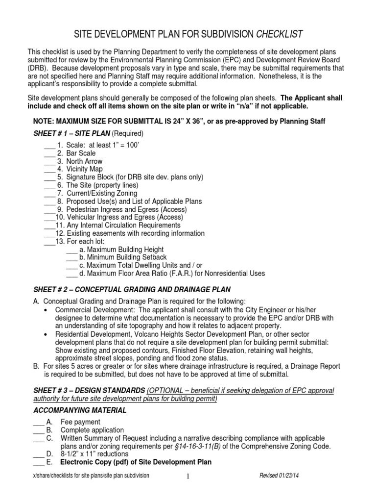 Site Development Plan Checklist For Subdivision 022814 Final | PDF ...