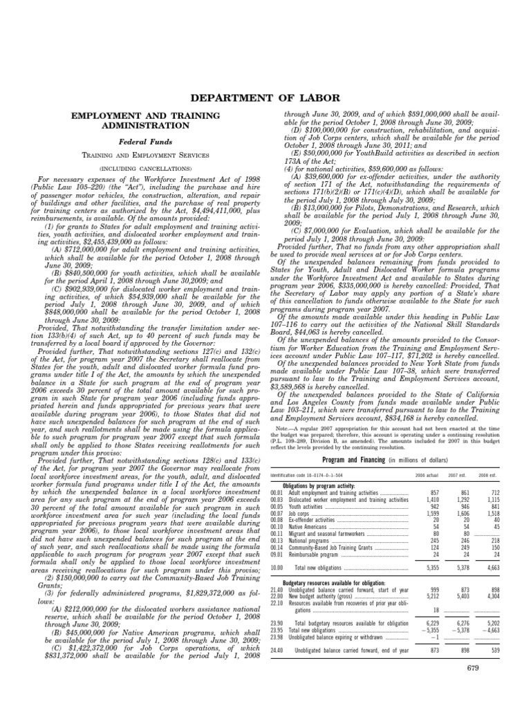 Department of Labor: Employment and Training Administration | PDF | Continuing Resolution ...