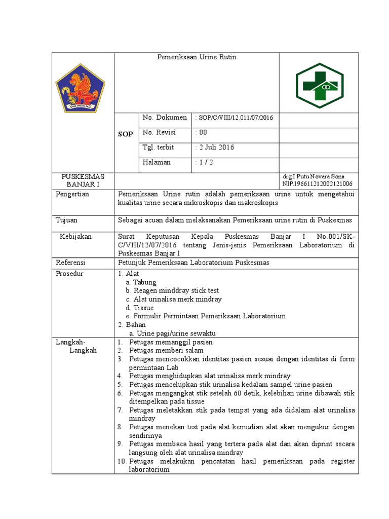 c8 - 12.011 Sop Pemeriksaan Urinalisa | PDF | Sains & Matematika