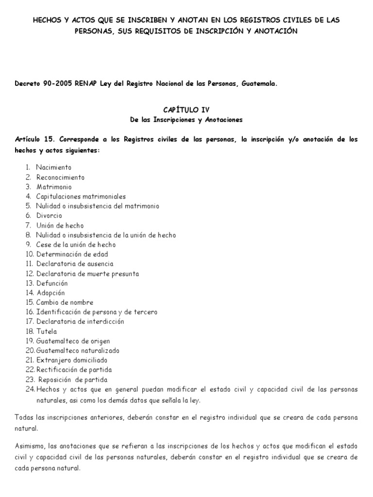 Listado de Hechos y Actos Que Se Inscriben y Anotan en Los Registros Civiles de Las Personas ...