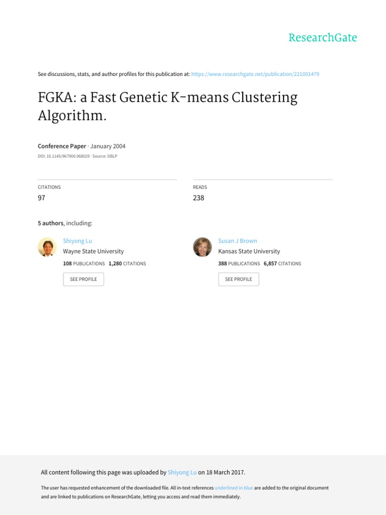 FGKA A Fast Genetic K-Means Clustering Algorithm | PDF | Cluster Analysis | Algorithms