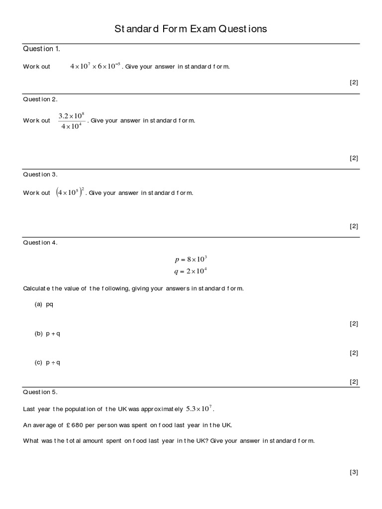 Standard Form Exam Questions | PDF | Teaching Mathematics | Nature