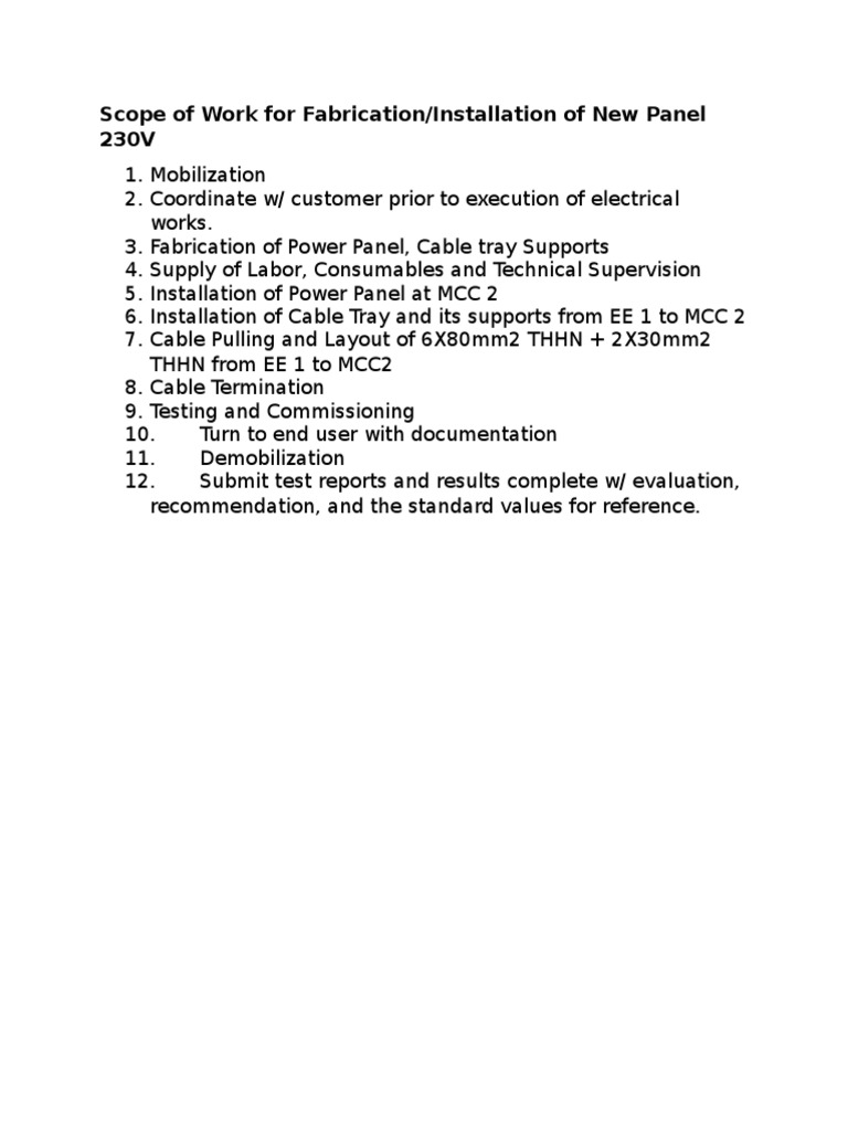 Scope of Work For Fabrication/Installation of New Panel 230V | PDF ...