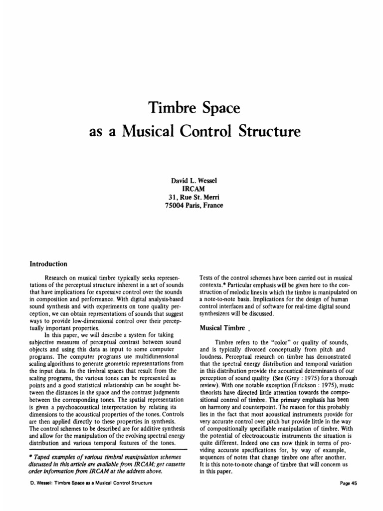 Timbre Space As A Musical Control Structure by David L. Wessel PDF ...