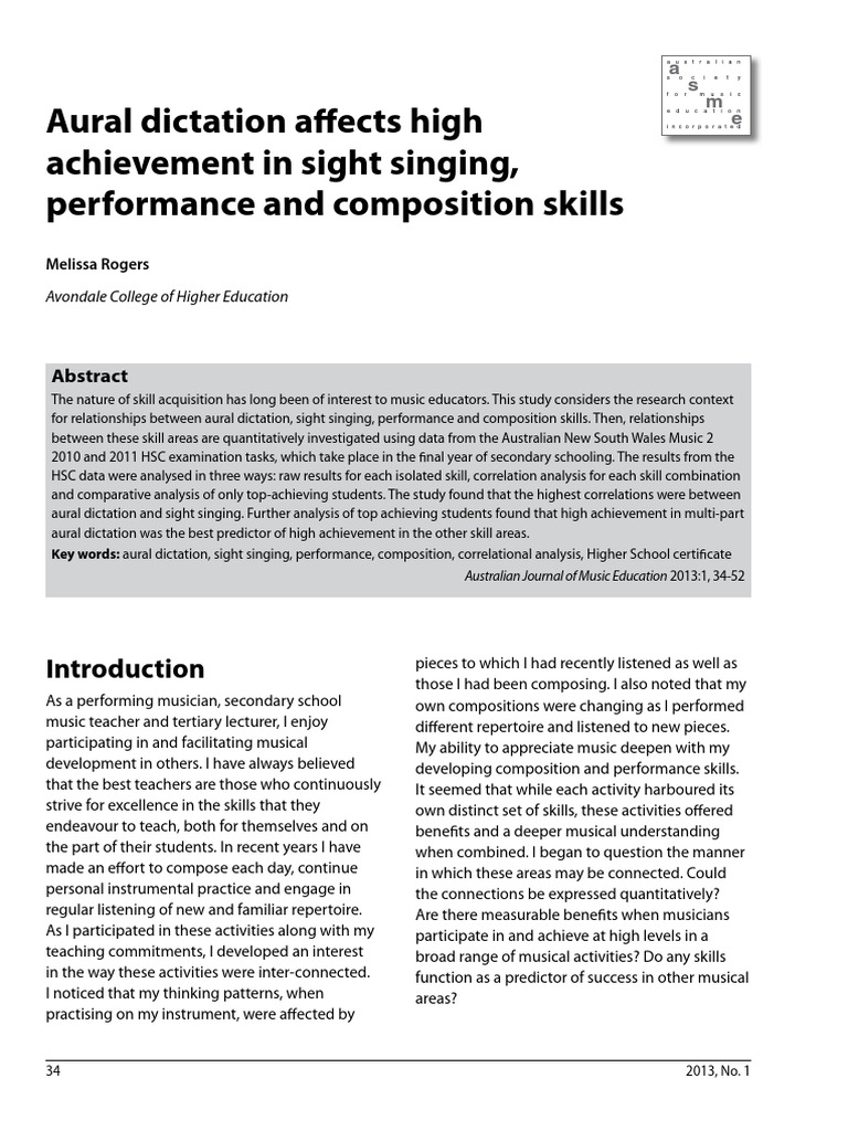 Aural Dictation Affects High Achievement in Sight Singing PDF | PDF
