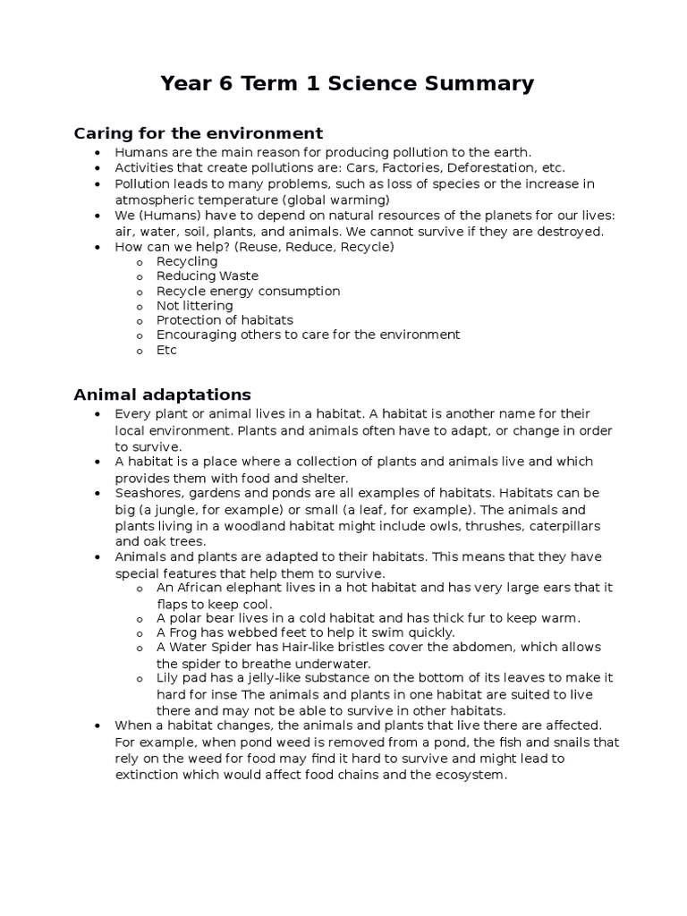 Year 6 Term 1 Science Summary | PDF | Petal | Flowers