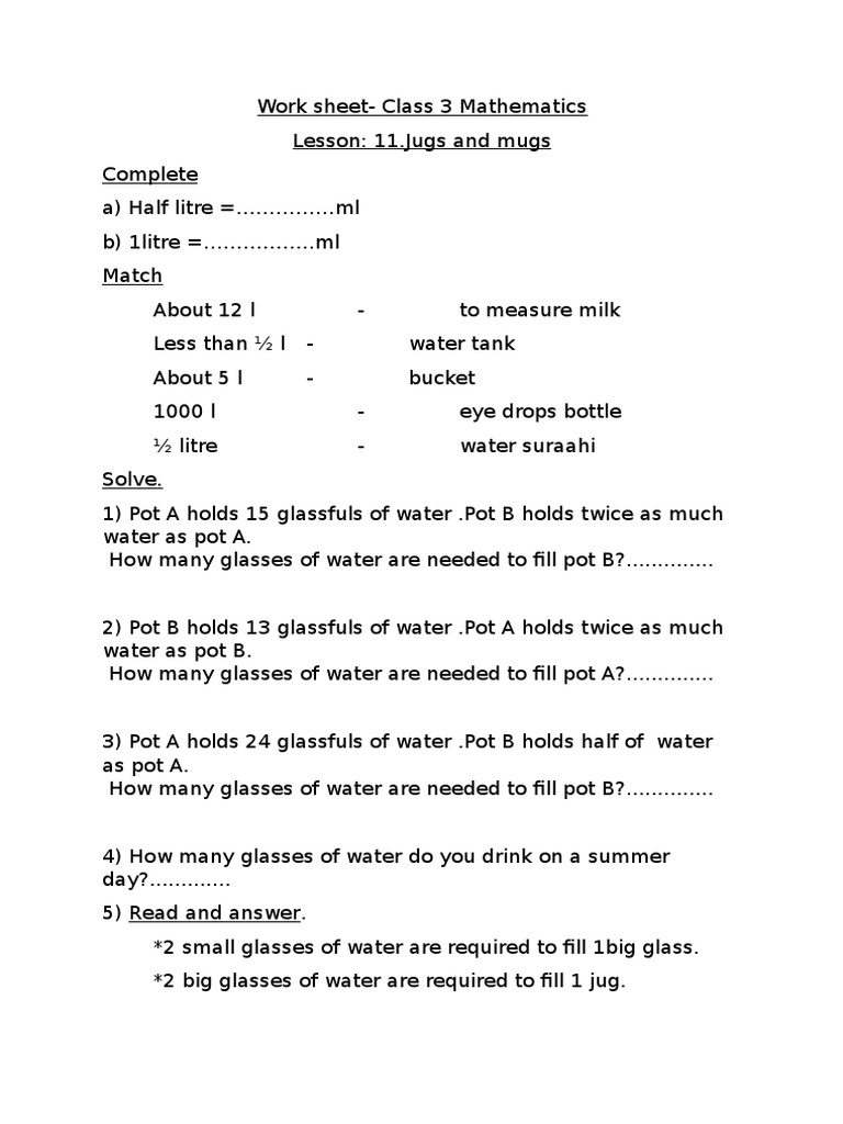 Class 3 Work Sheet Maths | PDF