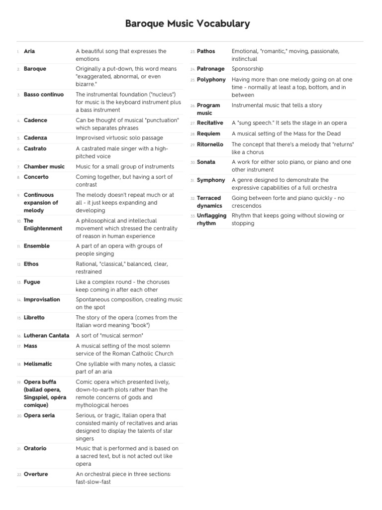 Baroque Music Vocabulary | PDF | Opera | Aria
