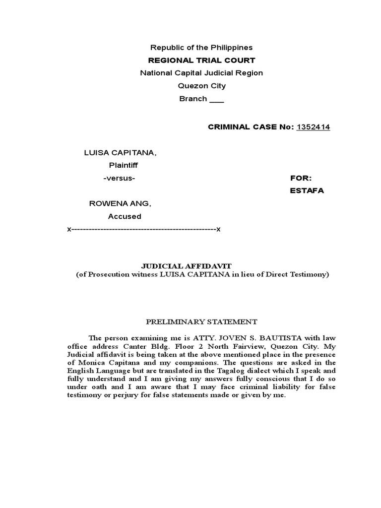Judicial Affidavit Sample | Download Free PDF | Testimony | Witness