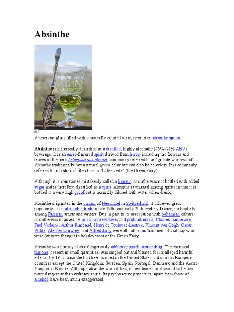 Absinthe: Absinthe Is Historically Described As A | PDF | Alcoholic ...
