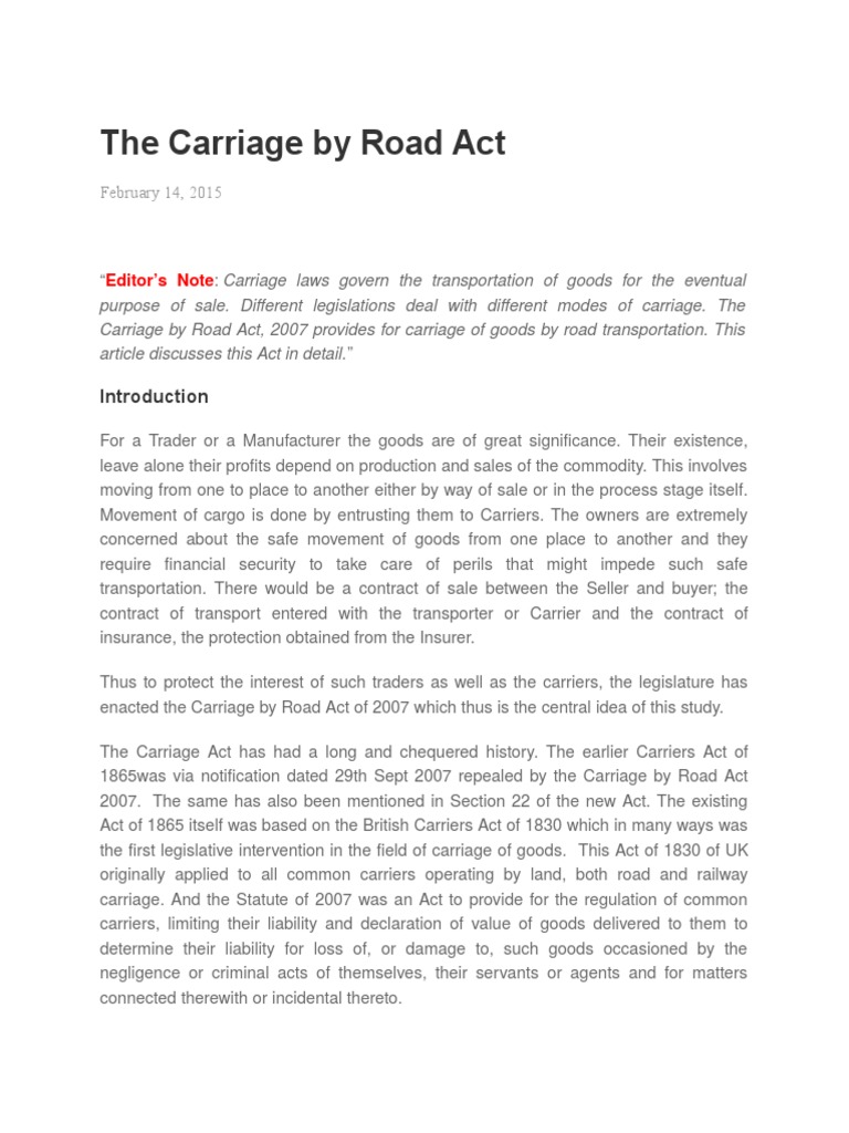Carriage by Road Act 2007 Overview | PDF | Common Carrier | Cargo