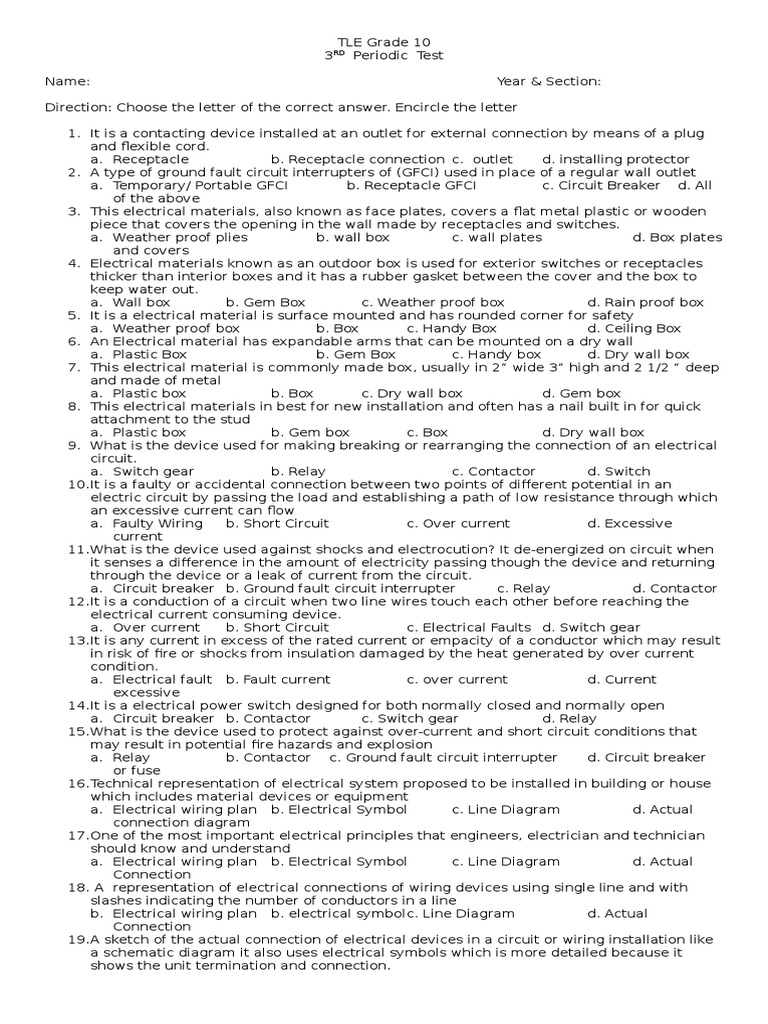 TLE Grade 10 3rd Periodic Test | PDF | Switch | Electric Current
