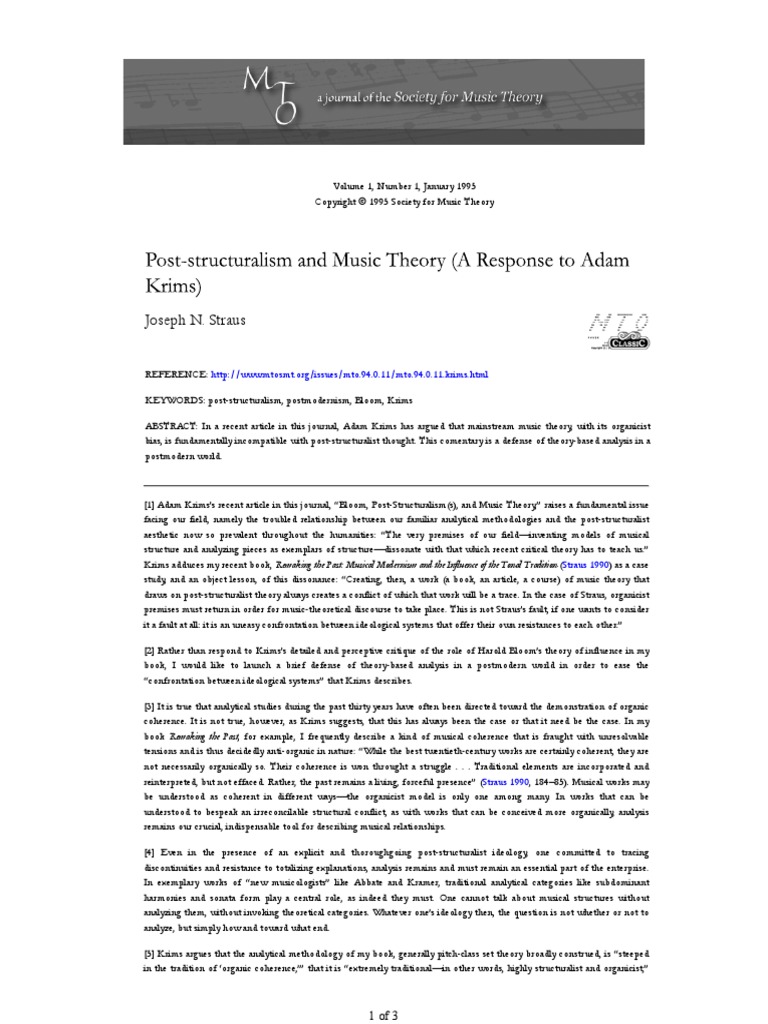 Straus - Post Structuralism and Music Theory Response To Adam Krims ...