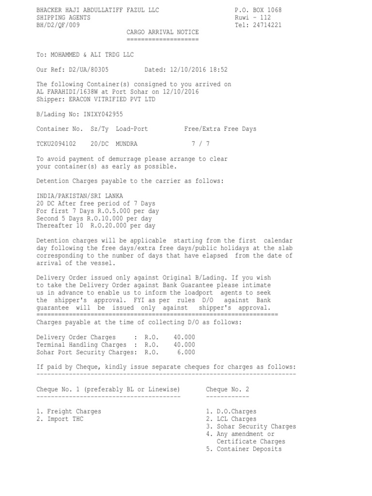 Cargo Arrival Notice | PDF | Cargo | Cheque