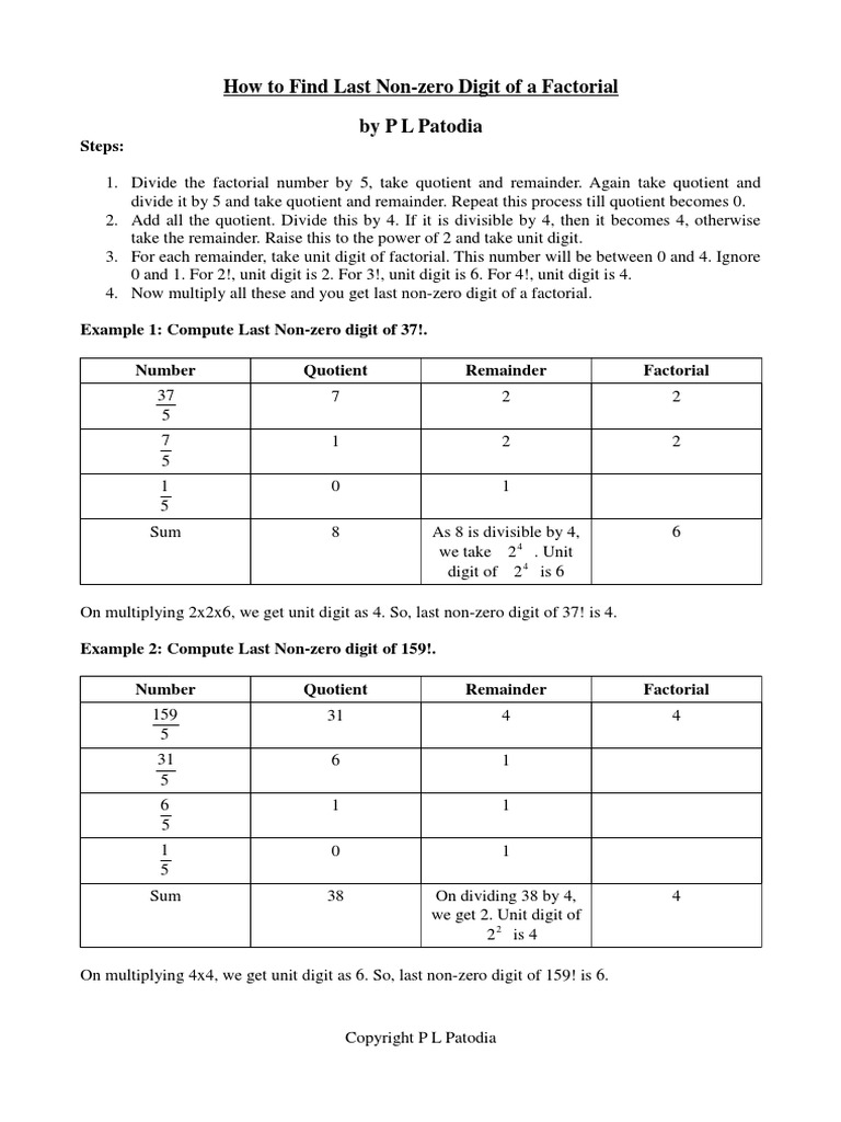 Last Non Zero Digit of Factorial PDF | PDF | Numbers | Arithmetic