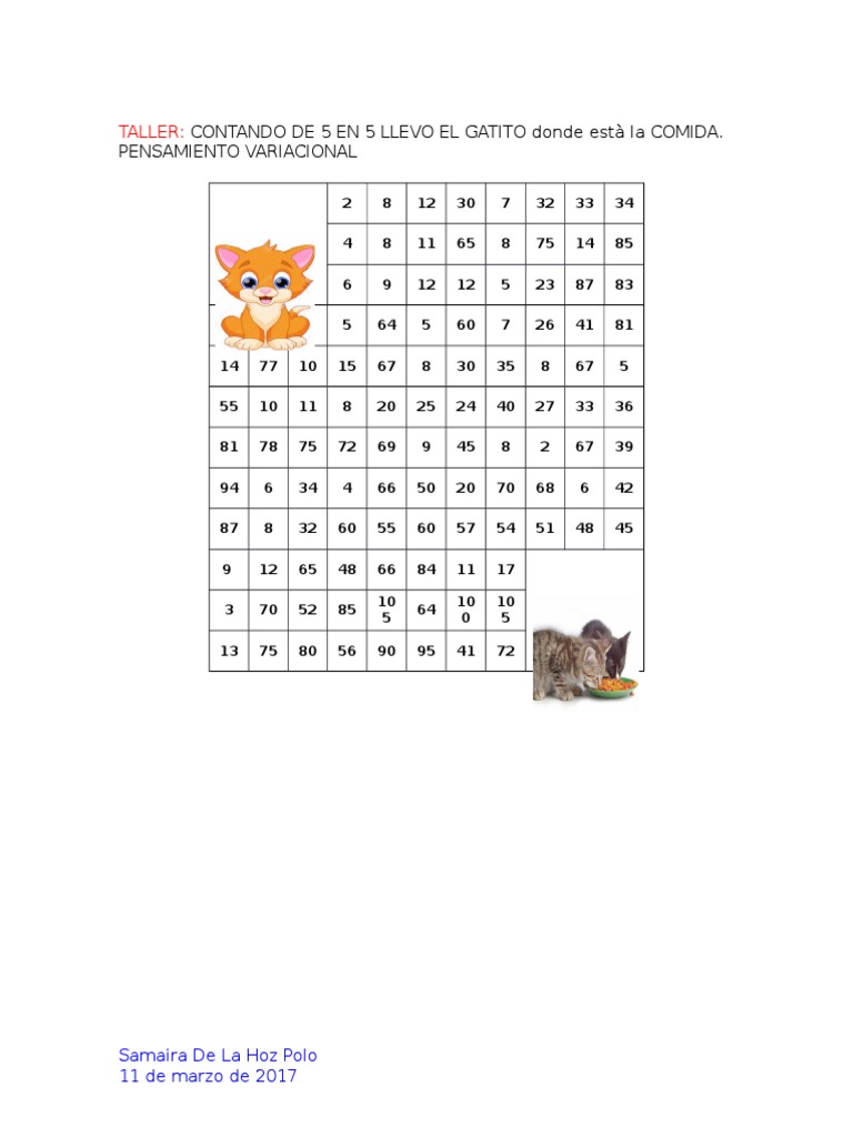 Taller:: Contando de 5 en 5 Llevo El Gatito Donde Està La Comida. Pensamiento Variacional | PDF