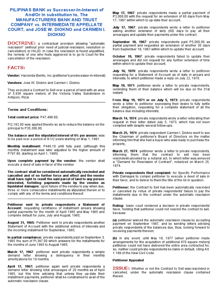Pilipinas Bank vs. Iac | PDF | Rescission | Contract Law