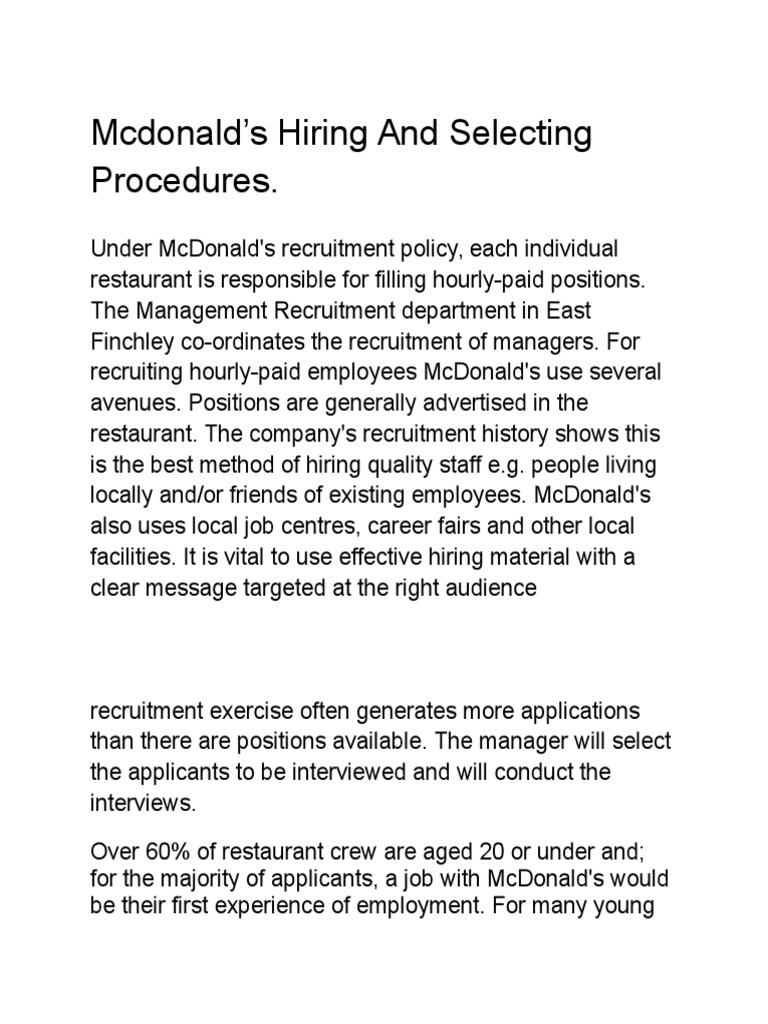 Mcdonald's Hiring and Selecting Procedures | PDF | Career & Growth ...