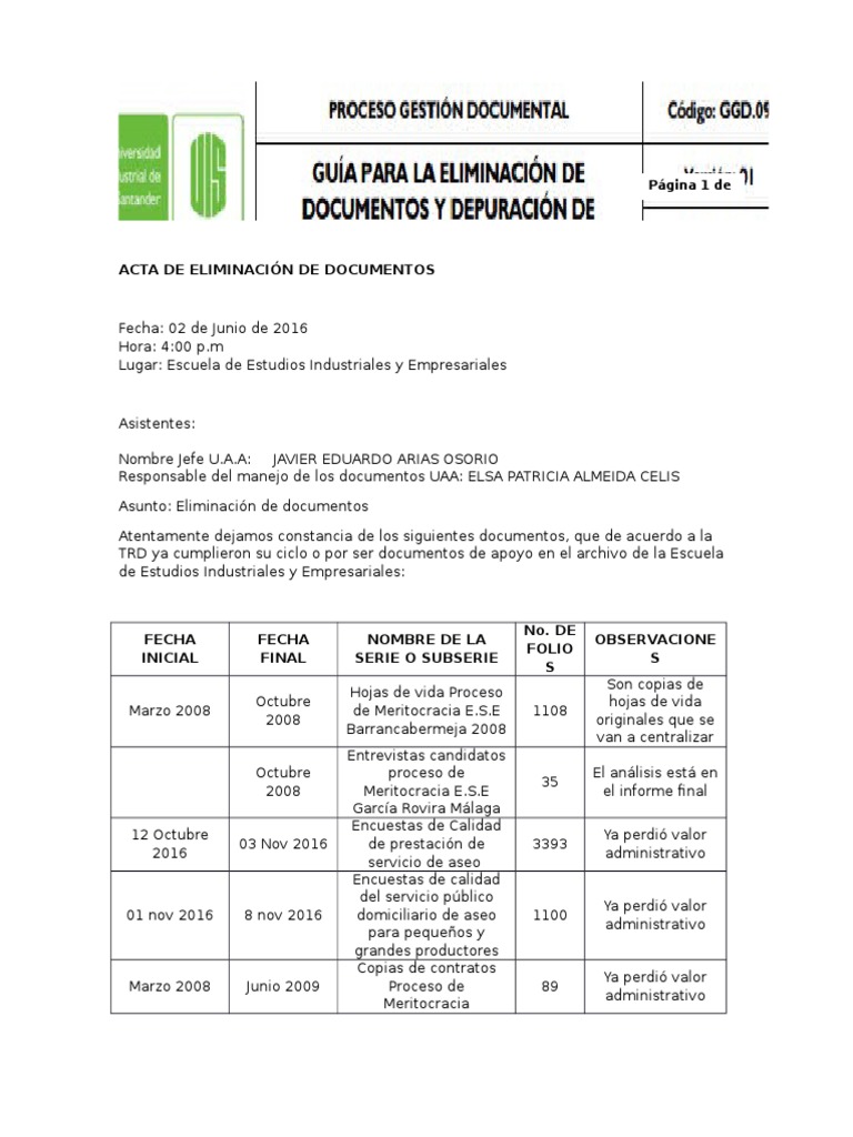 Acta de Eliminación de Documentos | PDF
