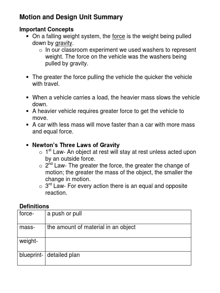 Motion and Design Unit Summary | PDF | Force | Mass