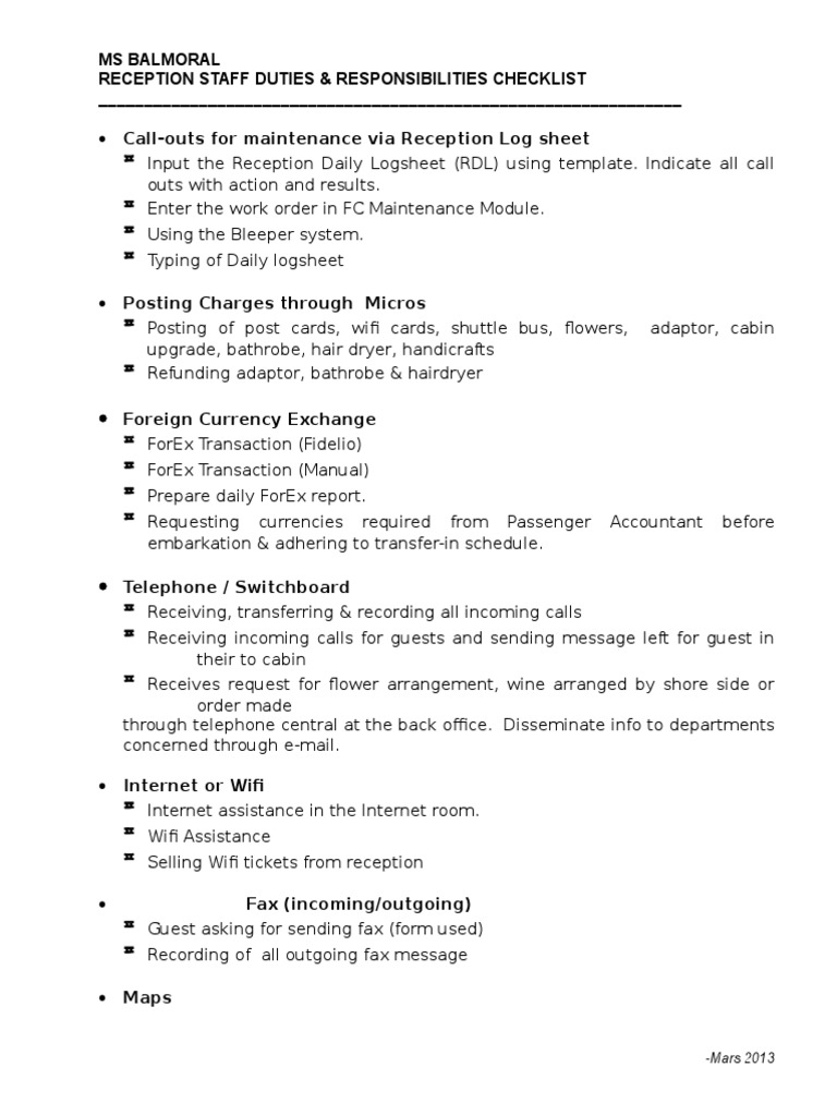 Front Desk Receptionist Duties Checklist | PDF | Cheque | Mail