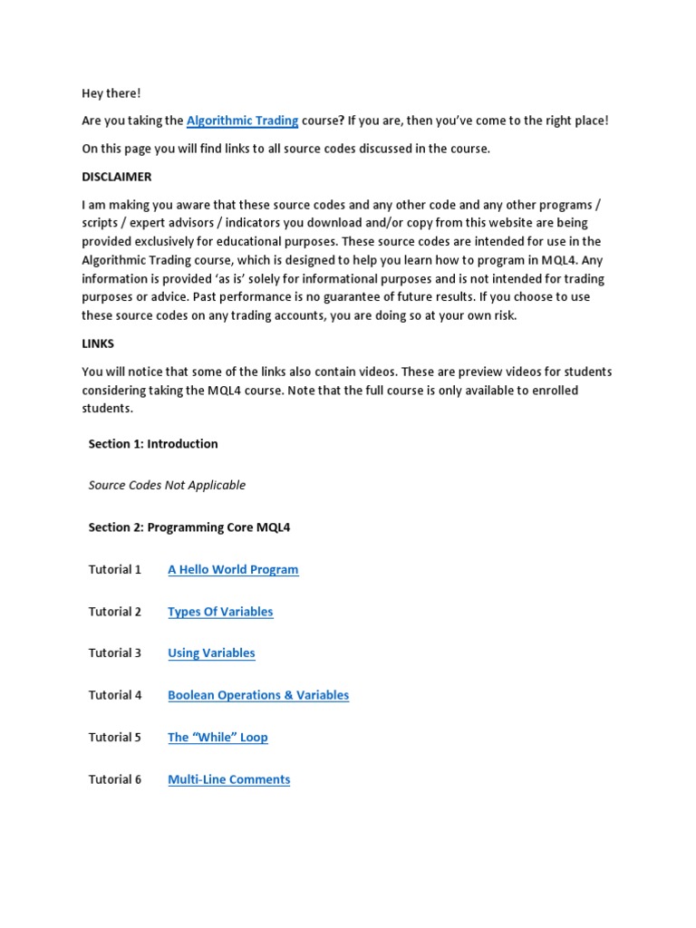 Collection Of Source Codes For An Algorithmic Trading Course Covering Mql4 Programming 
