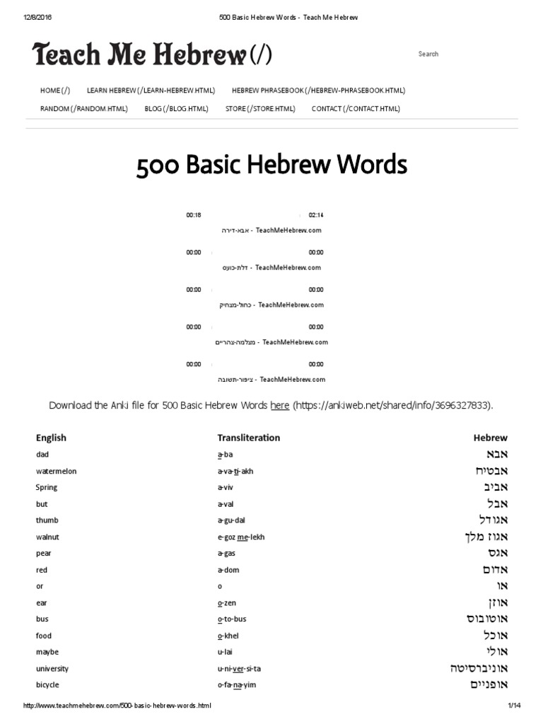 500 Basic Hebrew Words - Teach Me Hebrew | PDF | Cuisine | Foods
